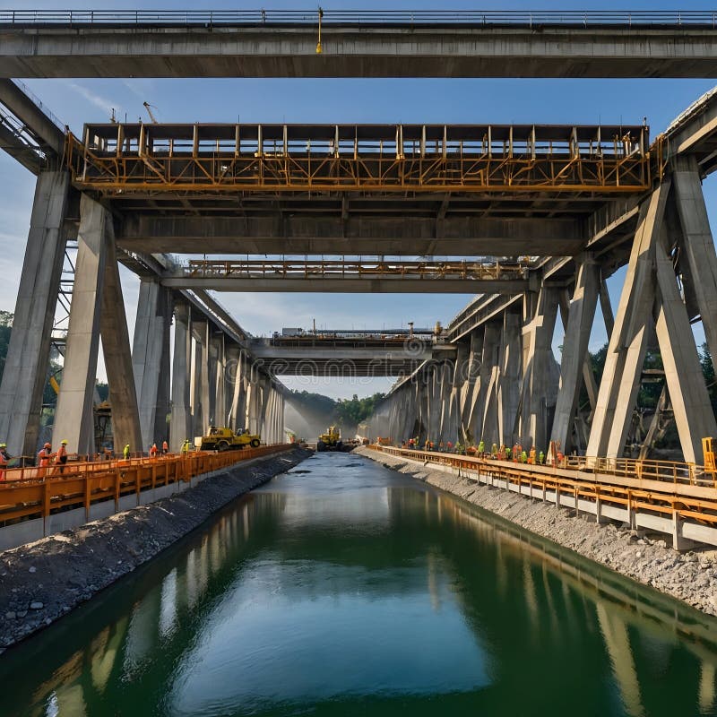 Workers, Cranes, and Concrete Pillars at a Bridge Construction Site ...