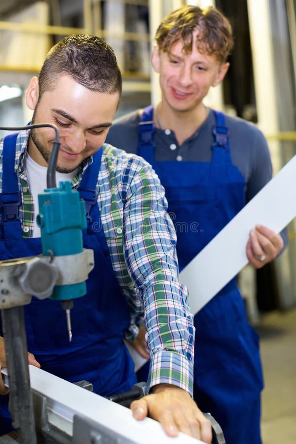 Workers Cutting Window Profiles Stock Photo - Image of enginery ...
