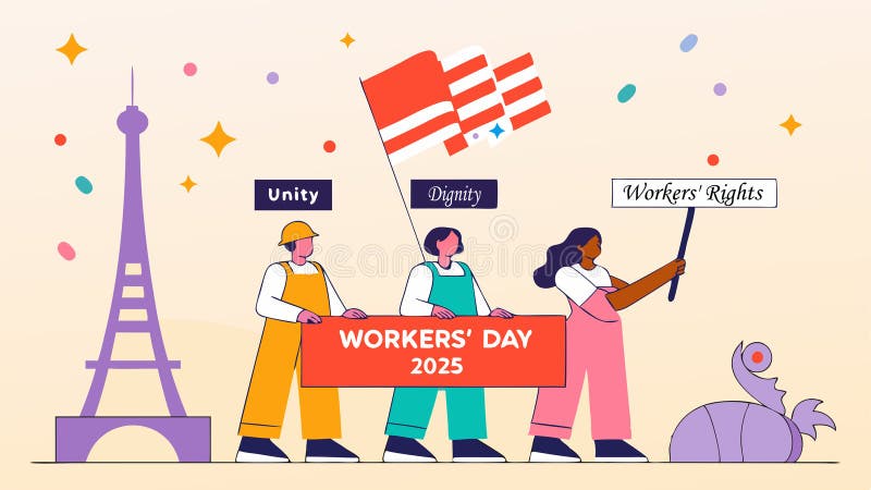 Workers Day 2025 Flat Design March with Eiffel Tower Stock Vector ...