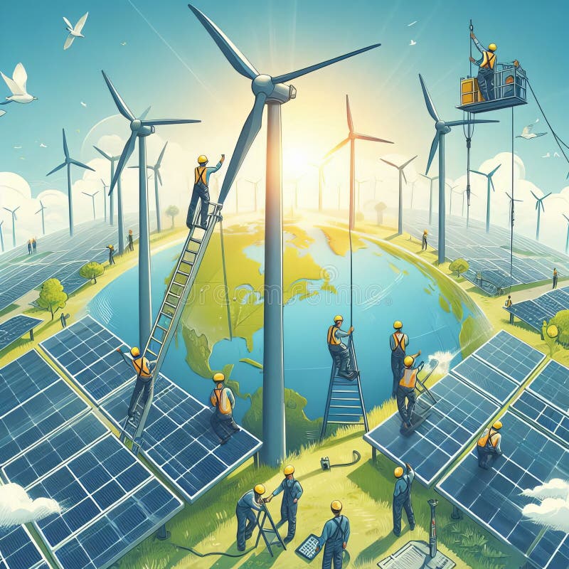 Workers from Different Countries Connecting Solar Panels or Wind Stock ...