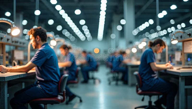 Workers Diligently Assemble Products at a Factory during the Evening ...