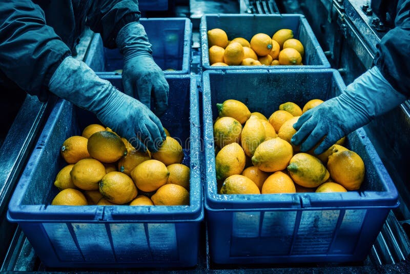 Workers Diligently Sorting Fresh Lemons into Bins at a Vibrant Fruit ...