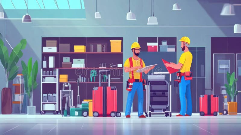 Workers Discussing Plans in a Warehouse, Modern Design with Cartoon ...