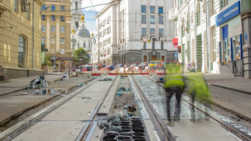 Workers Do Cleaning of the Railway Tram Line after Construction Works ...