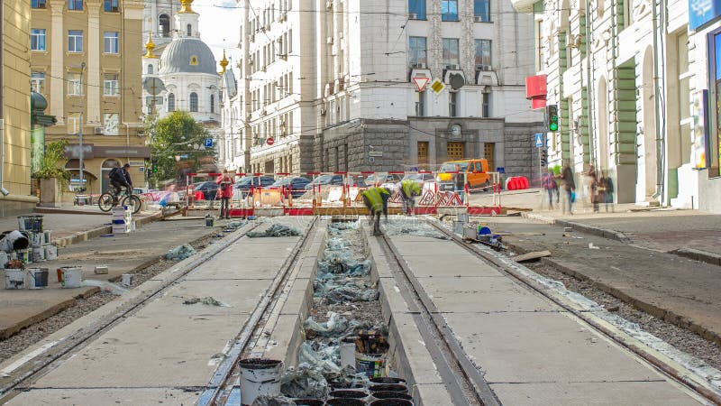 Workers Do Cleaning of the Railway Tram Line after Construction Works ...