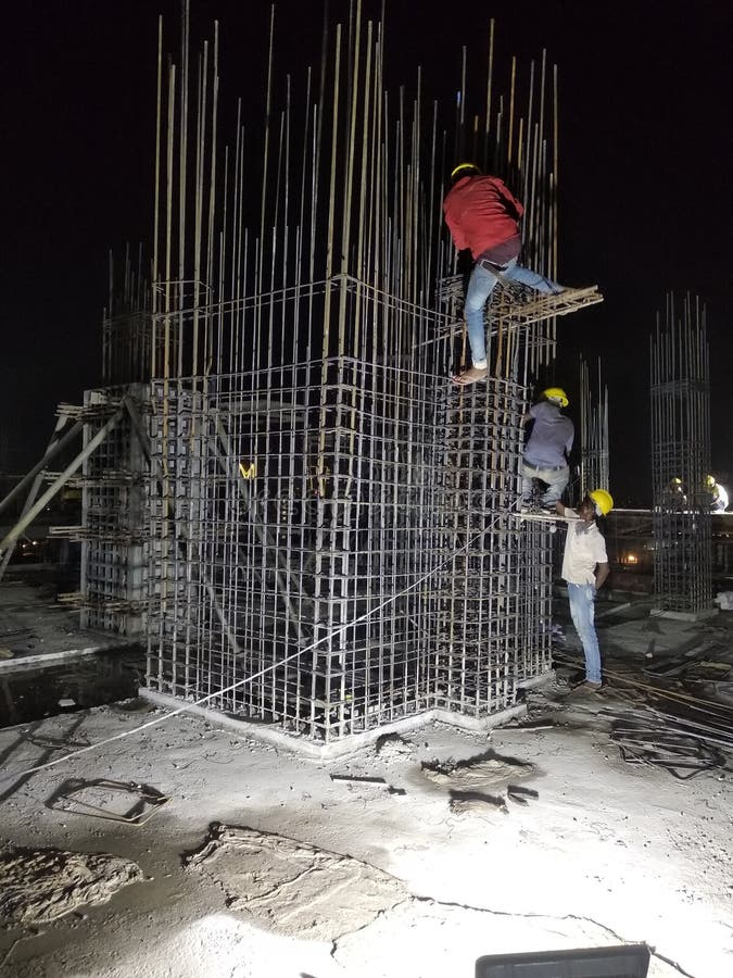 Workers Doing Steel Fixing Work at Night Editorial Photo - Image of ...