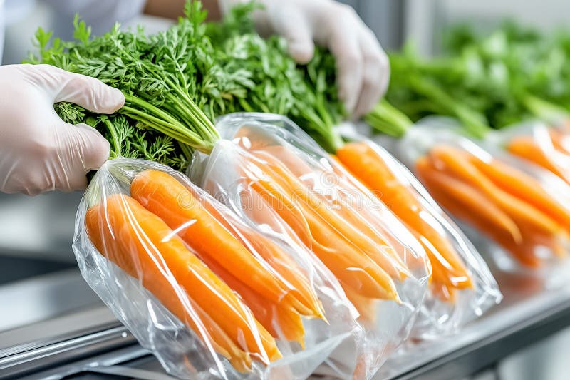 Workers Efficiently Pack Vibrant Carrots into Transparent Plastic Bags ...