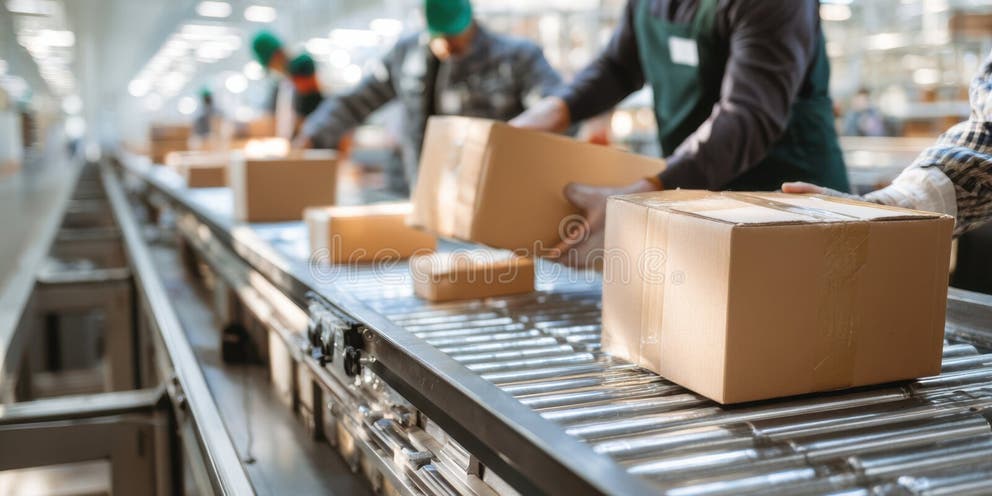 Workers Efficiently Packaging Boxes on an Assembly Line in a Warehouse ...