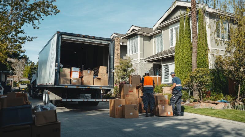 A Moving Truck Parked Outside a House with Workers Unloading Boxes. the ...