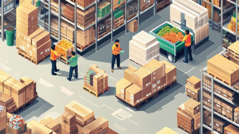 Workers Engage in Packing Grocery Orders in a Modern Isometric ...