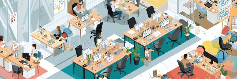 Creative Workers Collaborating in a Modern Isometric Office Space with ...