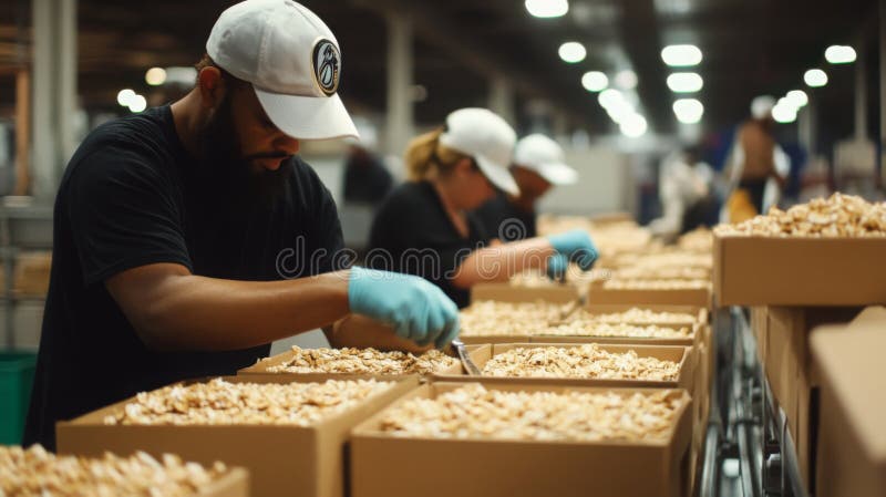 Workers Engaged in Food Processing on a Production Line in a Bustling ...