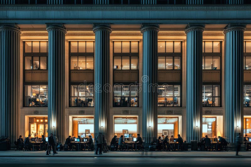 Workers Engaged in Late-night Productivity at a Modern Office Building ...