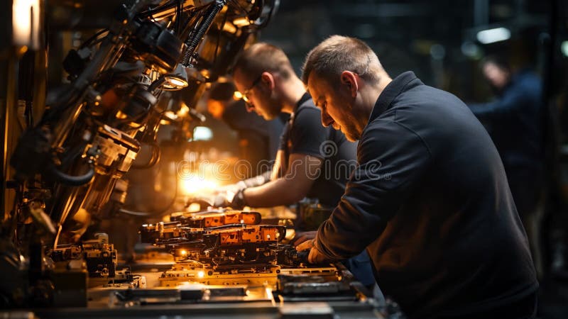 Workers Engaged in Mechanical Assembly in a Dimly Lit Factory Setting ...