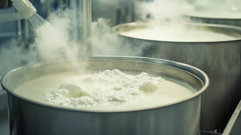 Milk Processing at Dairy Facility with Steam Rising from Industrial ...