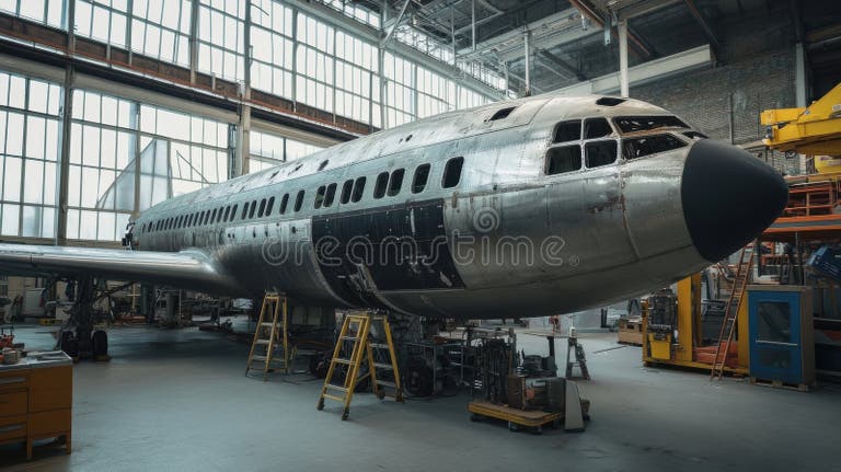 Old Airplane Hull Restoration in a Spacious Workshop with Large Windows ...