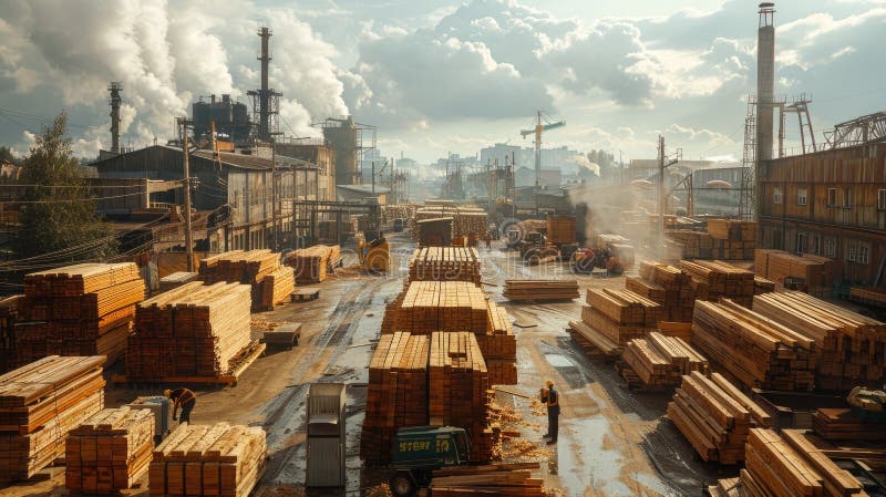 Workers Engaged in Timber Processing at a Bustling Lumber Yard during ...