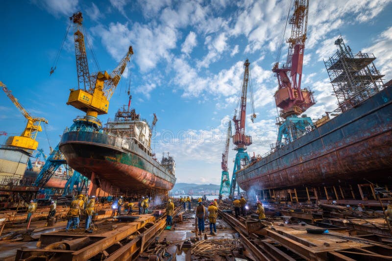 Workers are Engaged in Welding and Ship Assembly at a Bustling Shipyard ...