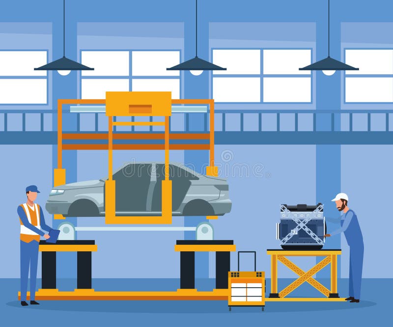 Worker on car factory stock vector. Illustration of assembling - 131547544