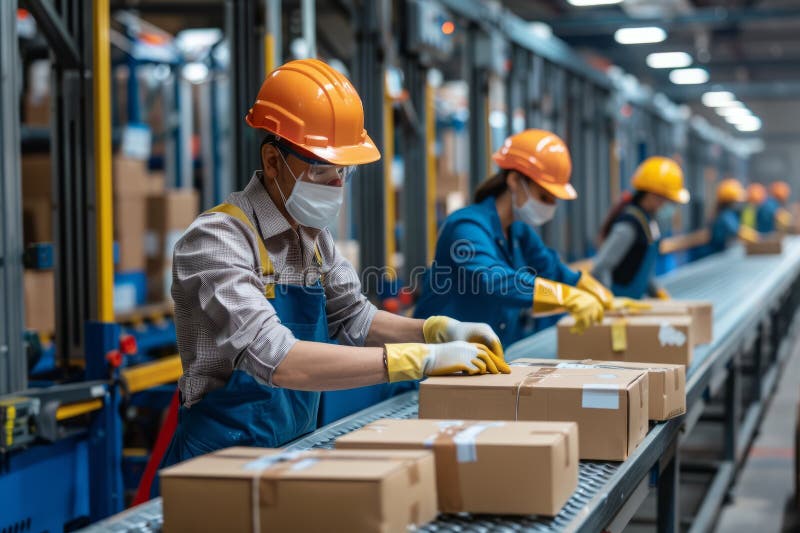 Workers in a Factory Diligently Packing Boxes on a Conveyor Belt ...