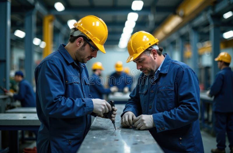 Workers at the Factory Operate Machines, Large Workshop. Stock Image ...