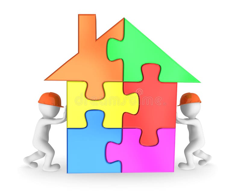 Workers Finishing the Colored House Puzzle. Stock Illustration ...