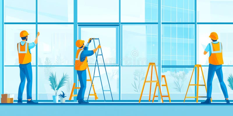 Workers Fix Window Frames, Glass Panels, and Secure Structural ...