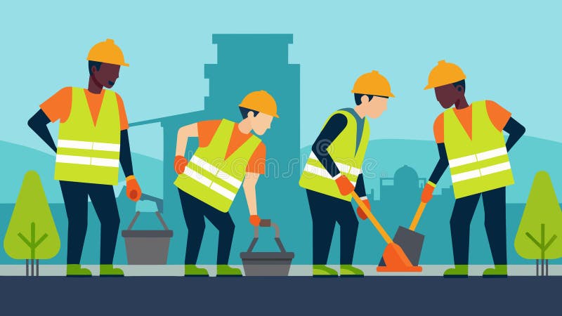 Workers in Fluorescent Vests and Hard Hats Working Together To Lay the ...