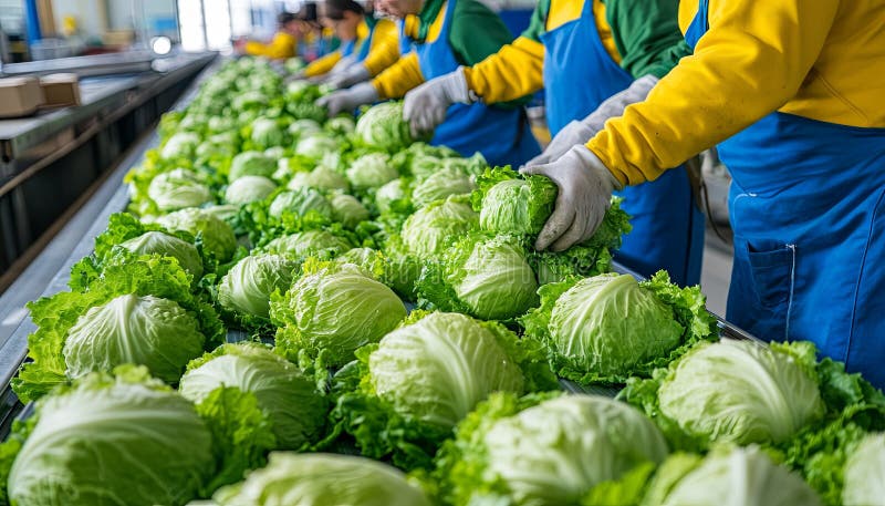 Workers in a Food Processing Plant Sorting and Packaging Fresh Lettuce ...