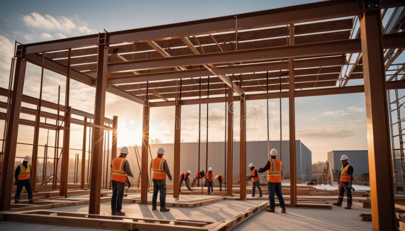 Workers Framing New Building at Sunset Stock Illustration ...