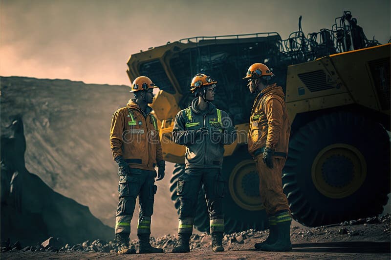 Workers Group in Coal Mining Quarry Discussing Project Standing in ...
