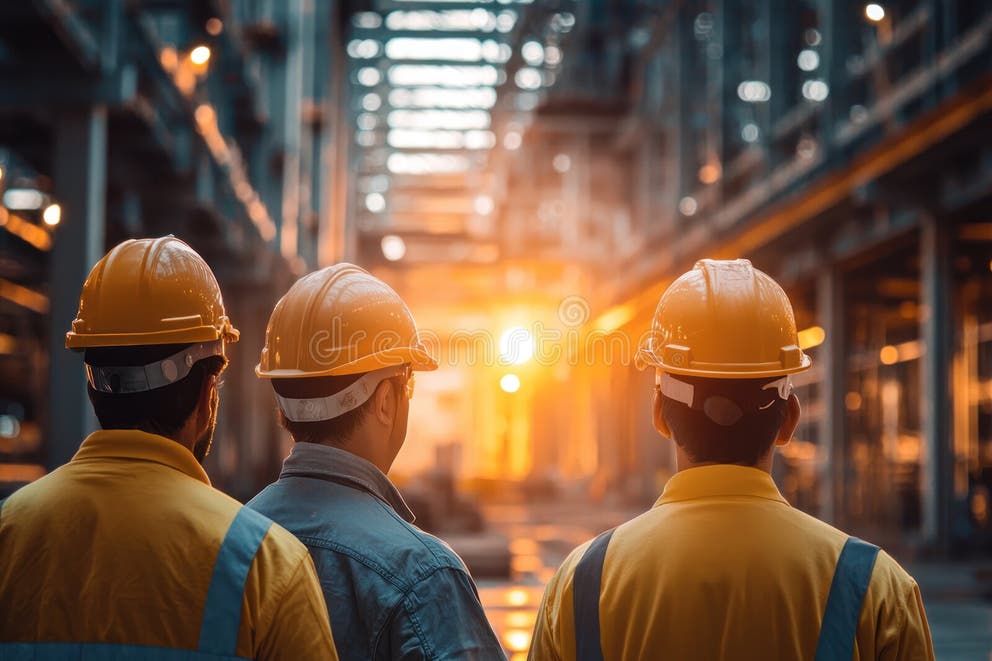 Workers in Hard Hats Observing Industrial Construction, Symbolizing ...