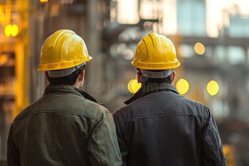Workers in Hard Hats Observing Industrial Construction, Symbolizing ...
