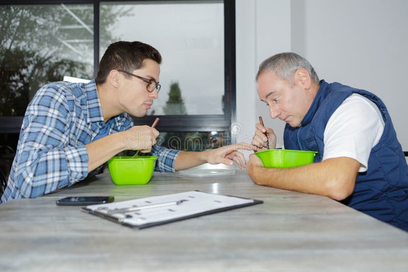 2 Workers Having Lunch Break Stock Photo - Image of daytime, notebook ...
