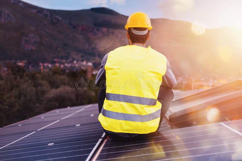 Workers Takes a Break Above Solar Panel for Electricity Stock Image ...