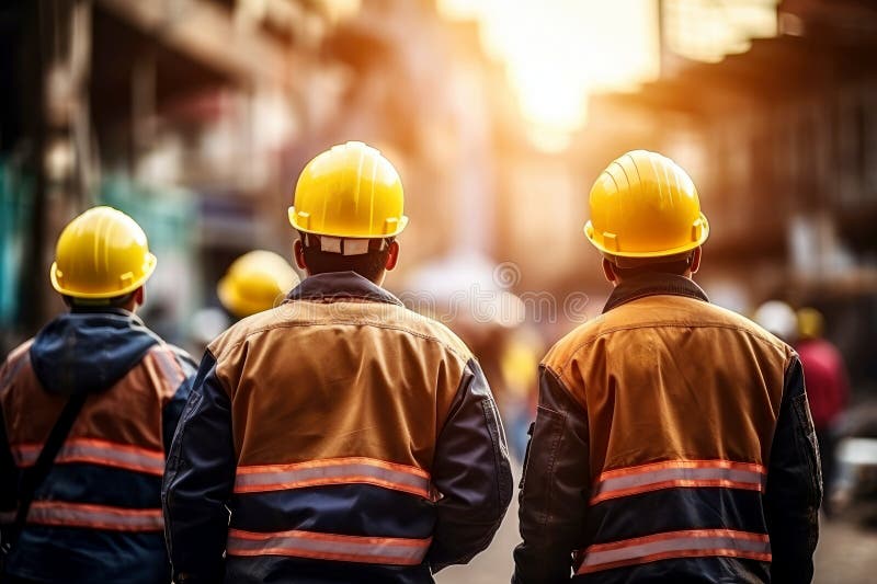 Workers Helmets at the Factory View from the Back Group - Generative Ai ...