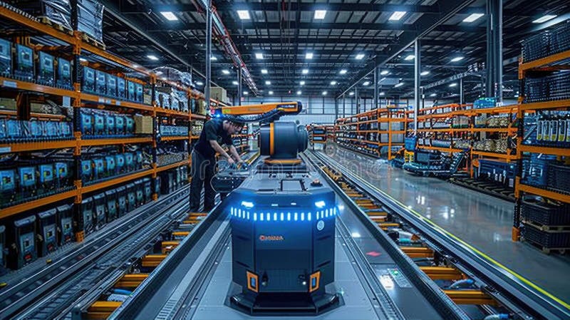 Futuristic Factory Workers Assembling Robots Stock Image - Image of ...