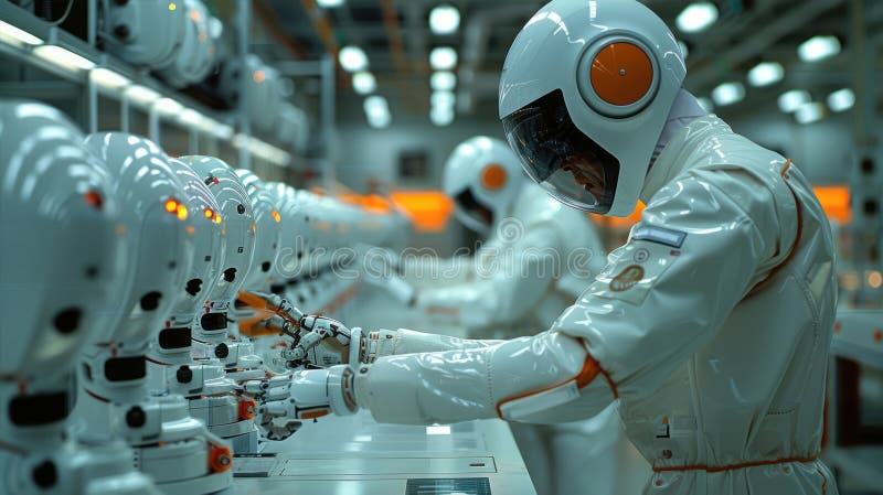 Futuristic Factory Workers Assembling Robots Stock Image - Image of ...