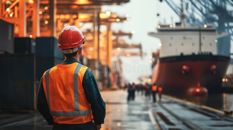 Workers, Industrial Port, with Ships, Cranes, and Containers Stock ...