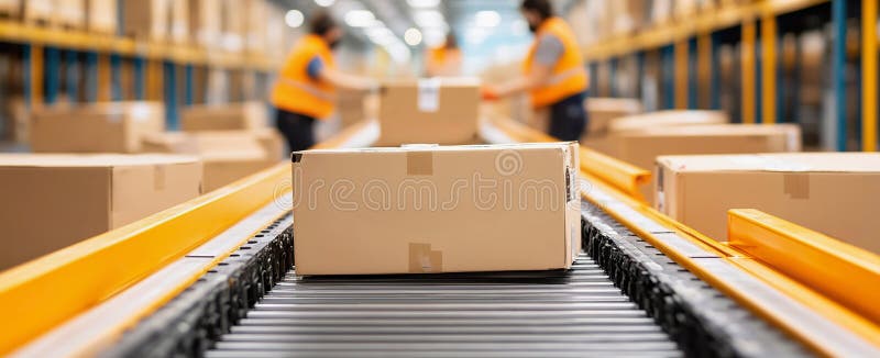 Workers Inspect Cardboard Boxes on Conveyor Belt in Warehouse Setting ...