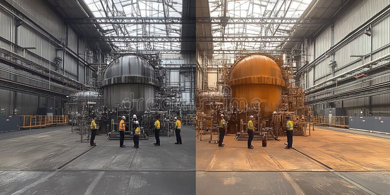 Workers Inspect Nuclear Reactor Domes at a Facility during Daylight Hours Showing Significant ...