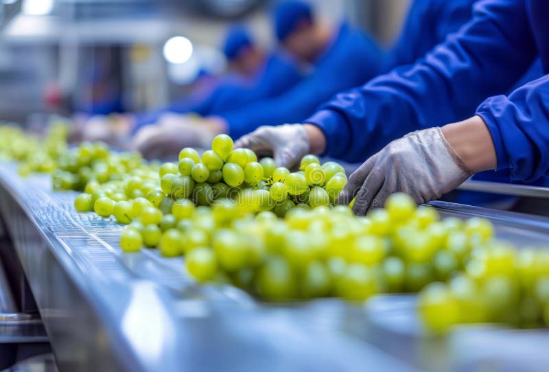 Workers Inspecting Grapes on Conveyor for Quality Control, Generative ...