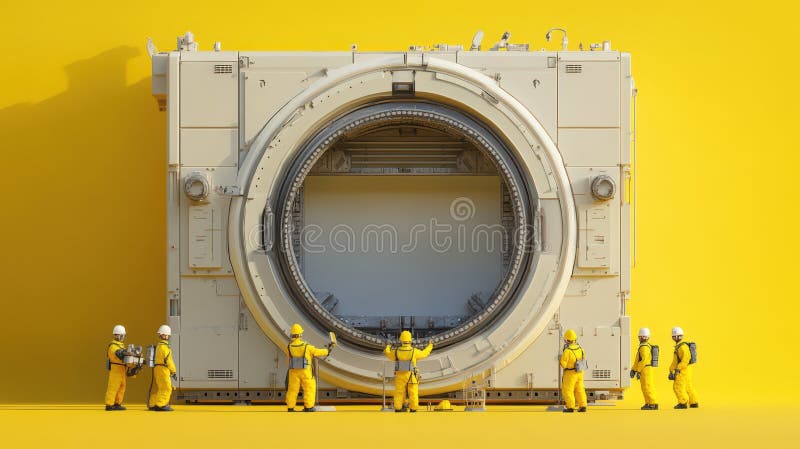 Workers Inspecting Large Futuristic Circular Machine Stock Illustration ...