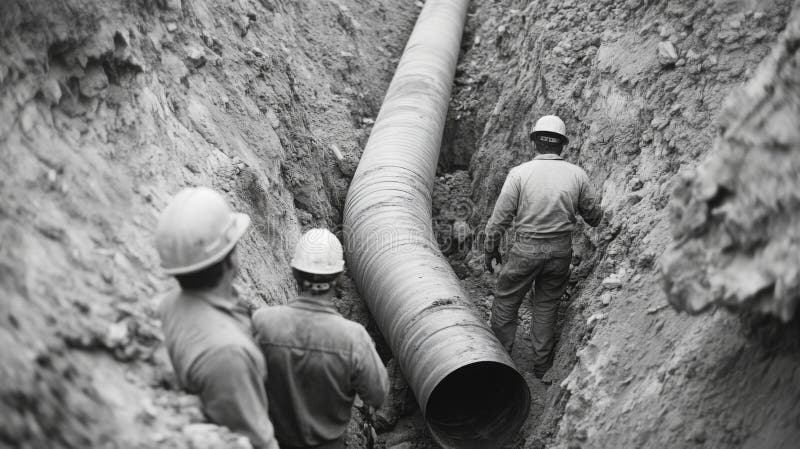 Workers Inspecting a Large Pipe in a Trench Stock Illustration ...