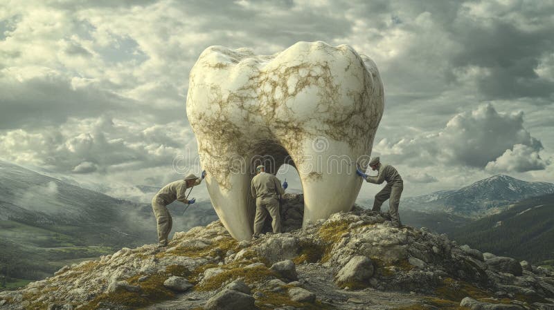 Workers Inspecting Large Tooth Structure in Rugged Landscape Stock ...