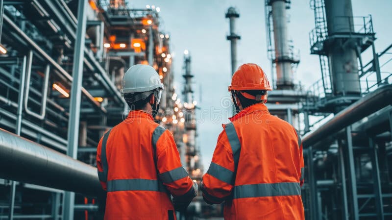 Workers Inspecting Pipelines at a Refinery Site Stock Photo - Image of ...