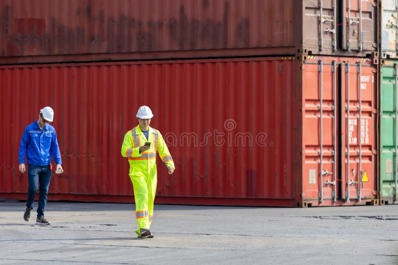 Workers Inspecting Shipping Containers at Port, Engineer Man Walking in Industry Containers ...