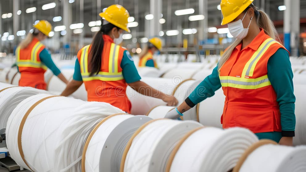 Workers Inspecting Textile Rolls in a Manufacturing Facility ...