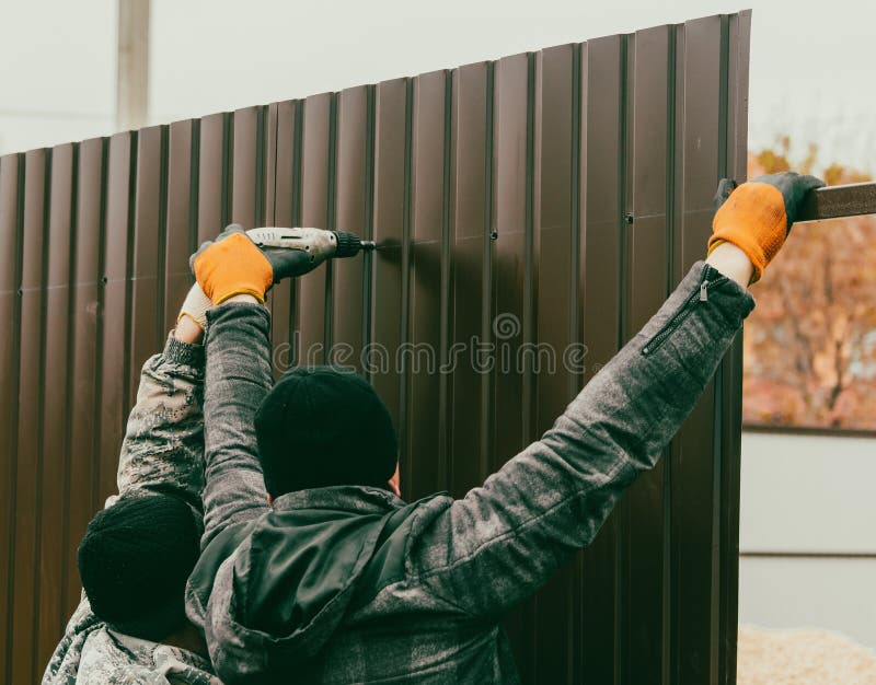Workers Install a Metal Profile Fence Stock Photo - Image of installing ...