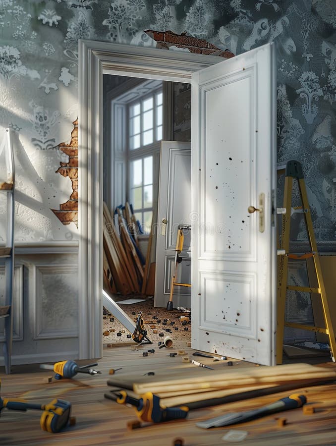 Workers Install a New Door in a Room, Tools and Materials are Scattered ...